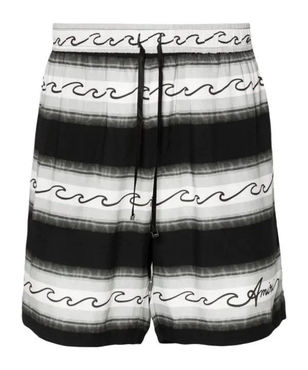 Amiri Wave Baja Striped Drawstring Shorts - Black/gray/white