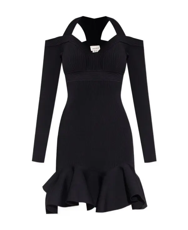 Alexander McQueen Rib Knit Ruffle Detailed Flared Mini Dress