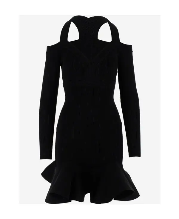 Alexander McQueen Rib Knit Ruffle Detailed Flared Mini Dress