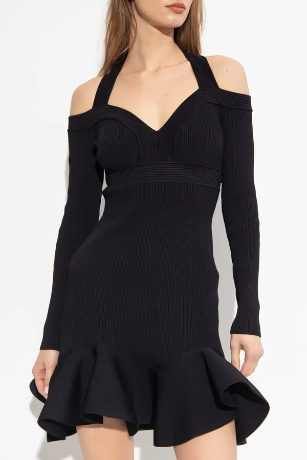 Alexander McQueen Rib Knit Ruffle Detailed Flared Mini Dress