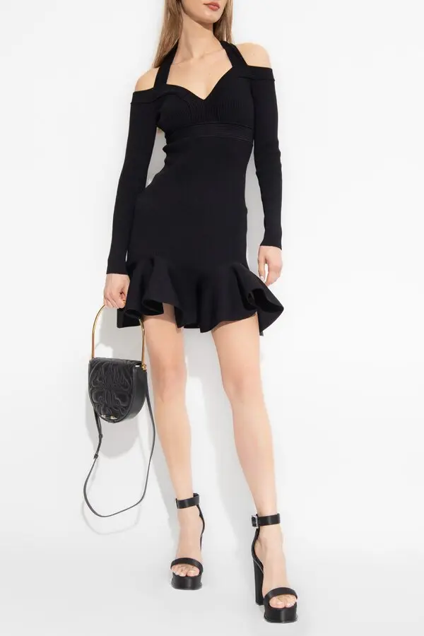 Alexander McQueen Rib Knit Ruffle Detailed Flared Mini Dress
