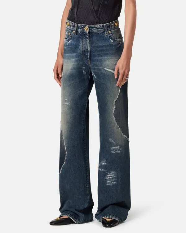 Versace Distressed Logo Patch Jeans