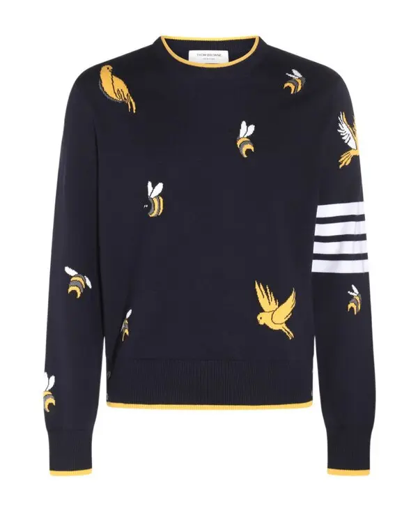 Thom Browne Fine Knit Crewneck Jumper With Embroidered Bee And Bird Motifs - Navy Blue