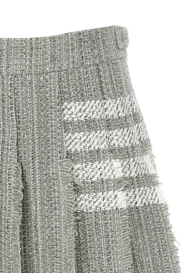Thom Browne Pleated Tweed Mini Skirt With Frayed Edge And Oxford Stripes - Grey