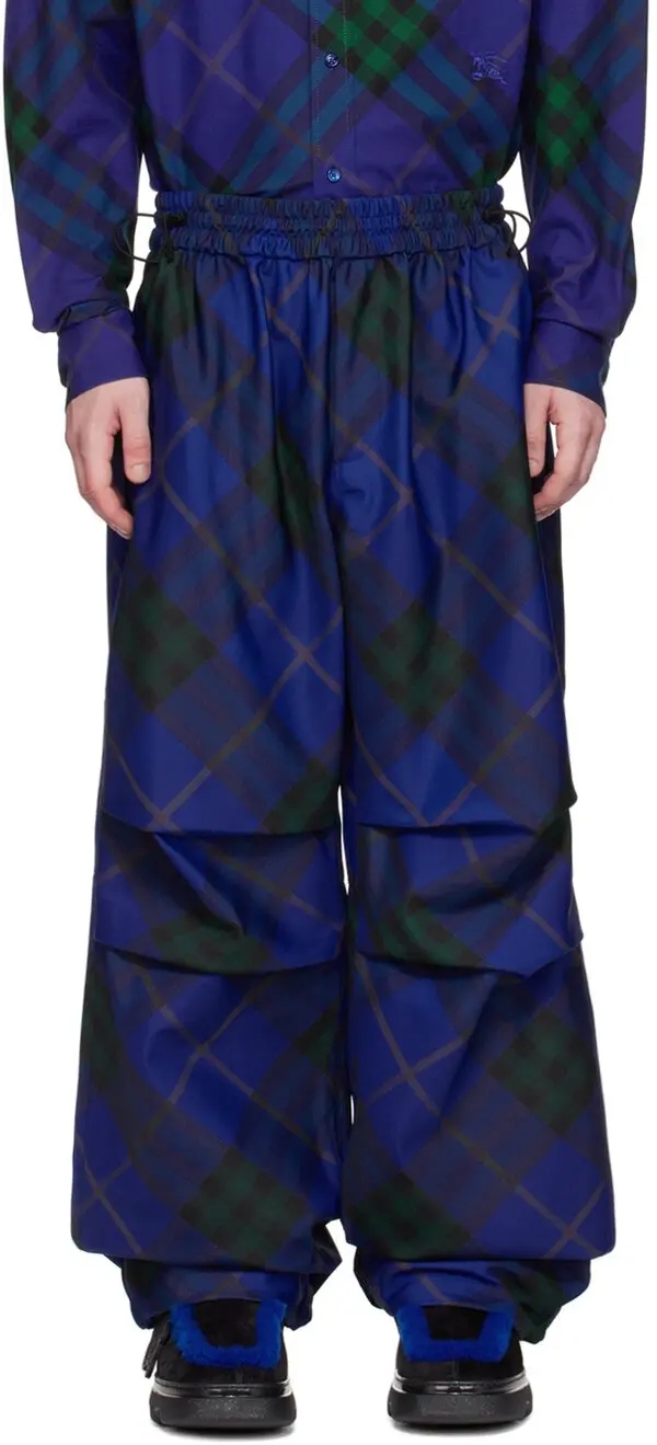 Burberry Embroidered Straight-leg Checkered Twill Trousers - Blue