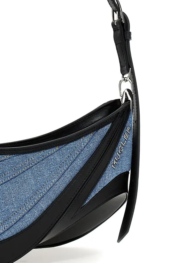 MUGLER Logo Plaque Denim Shoulder Bag - Black