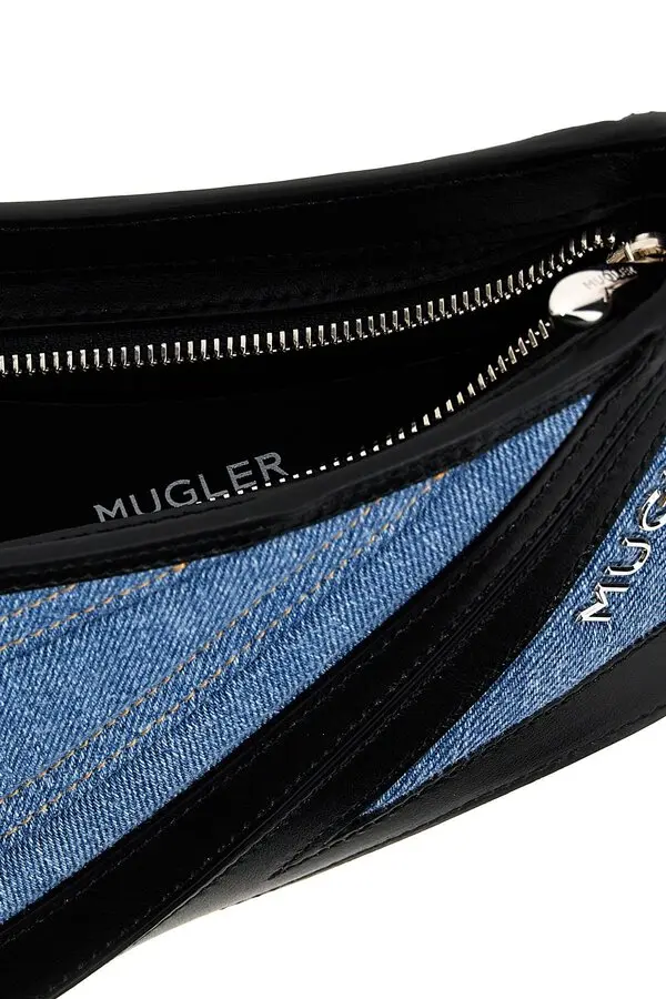 MUGLER Logo Plaque Denim Shoulder Bag - Black