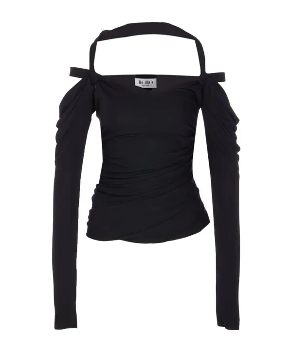 Attico Halterneck Ruched Long Sleeve Top - Black