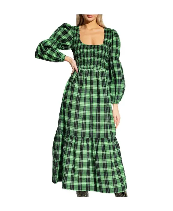 GANNI Seersucker Check Maxi Dress