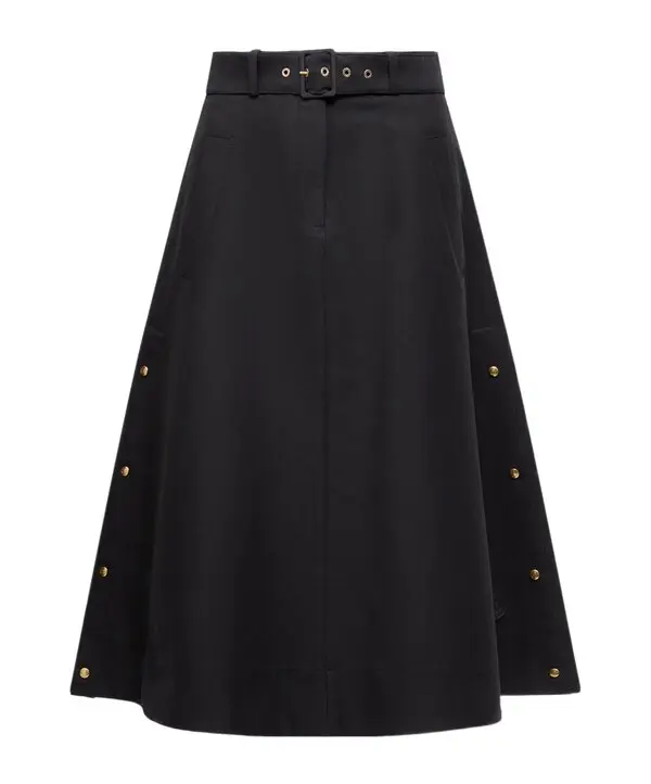 Moncler A-line Midi Skirt With Belted Waist And Slit Details - Black