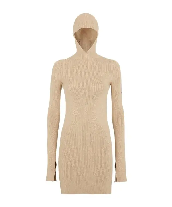 Fendi Long Sleeved Hooded Ribbed-knit Dress - Light Brown