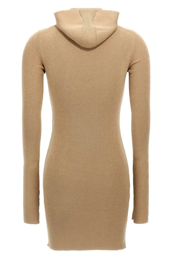 Fendi Long Sleeved Hooded Ribbed-knit Dress - Light Brown