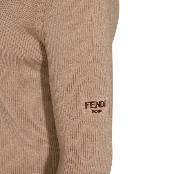 Fendi Long Sleeved Hooded Ribbed-knit Dress - Light Brown