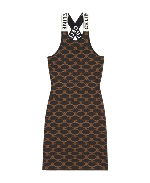 Celine Monogram Silk Cotton Dress With Criss-cross Straps