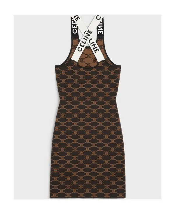 Celine Monogram Silk Cotton Dress With Criss-cross Straps