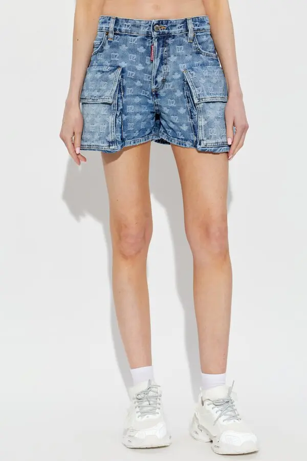 Dsquared2 Light Wash Cargo Shorts With All-over Monogram