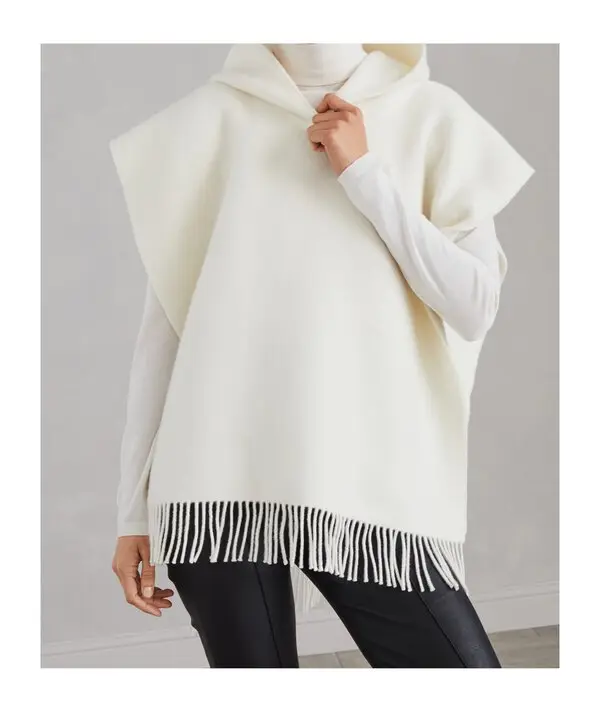 Brunello Cucinelli Hooded Fringed Poncho - White