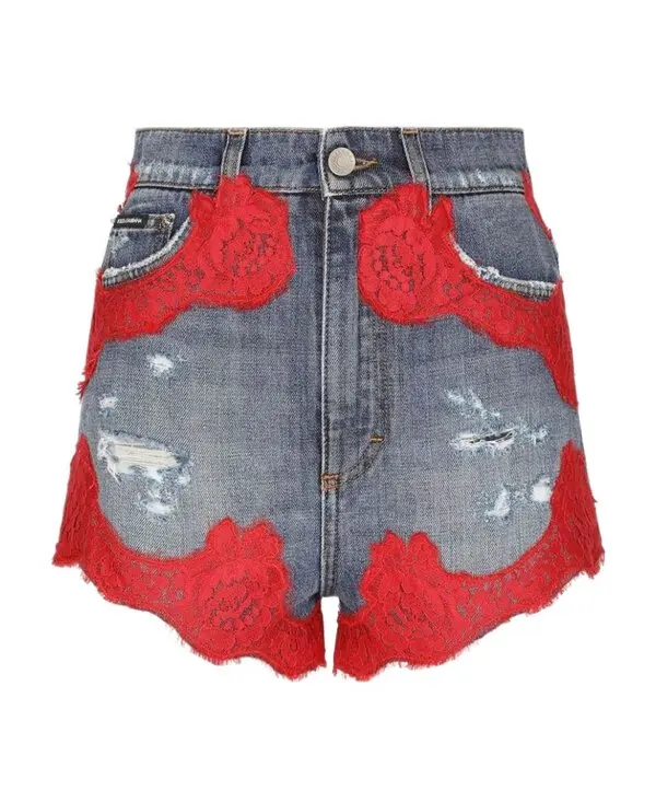 Dolce & Gabbana Dolce Gabbana Floral-lace Distressed Denim Shorts - Gray