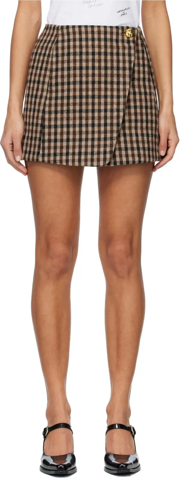 GANNI Checked Mini Skirt With Gold-tone Button