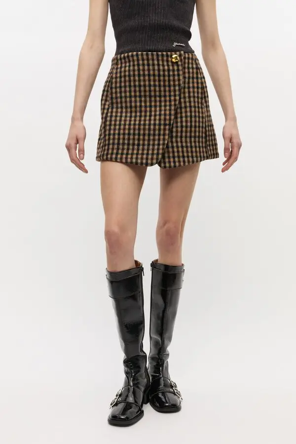 GANNI Checked Mini Skirt With Gold-tone Button