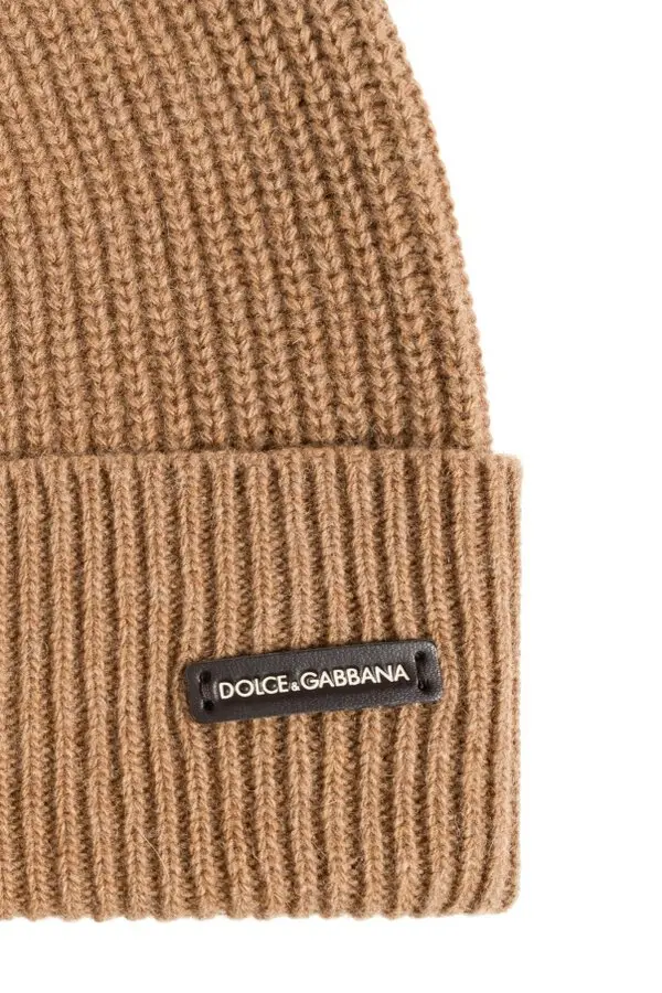 Dolce & Gabbana Ribbed Knit Beanie With Logo Patch - Brown