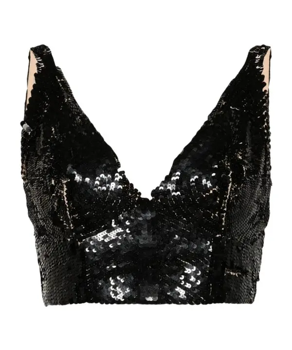 P.a.r.o.s.h Sequined V-neck Cropped Top - Black