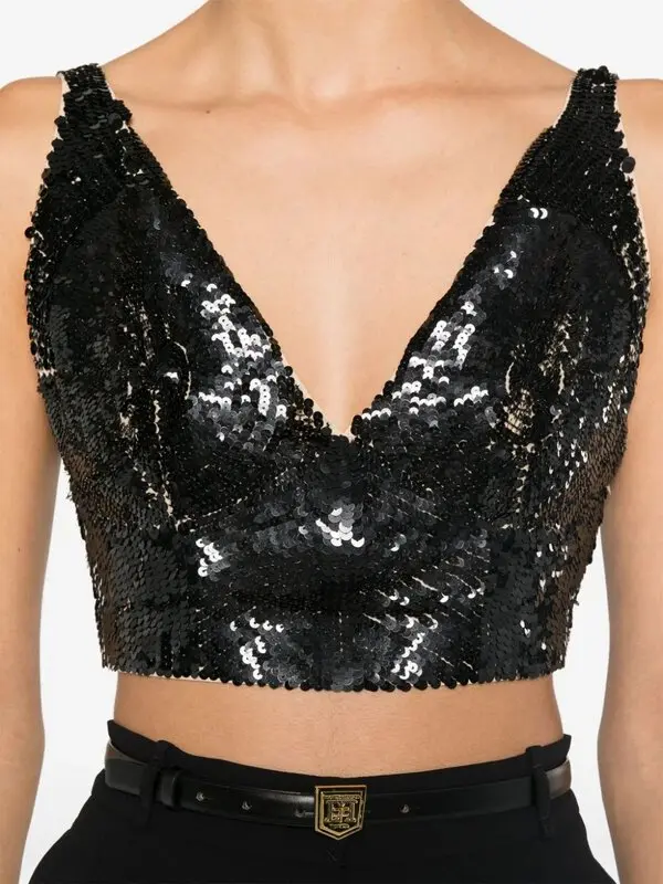 P.a.r.o.s.h Sequined V-neck Cropped Top - Black
