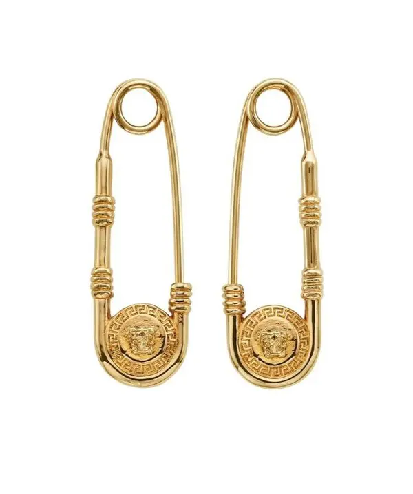 Versace Gold Safety Pin Earrings With Medusa Head Motif - Yellow