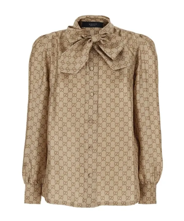 Gucci Allover Gg Print Long-sleeve Twill Shirt With Self-tie Bow - Sand-colored