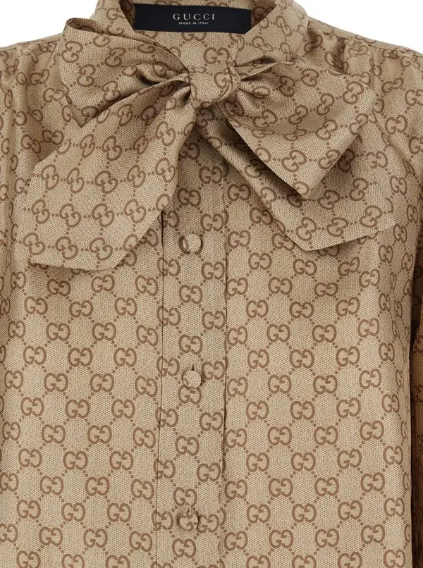 Gucci Allover Gg Print Long-sleeve Twill Shirt With Self-tie Bow - Sand-colored