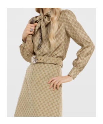 Gucci Allover Gg Print Long-sleeve Twill Shirt With Self-tie Bow - Sand-colored