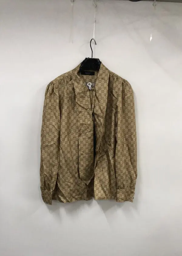 Gucci Allover Gg Print Long-sleeve Twill Shirt With Self-tie Bow - Sand-colored