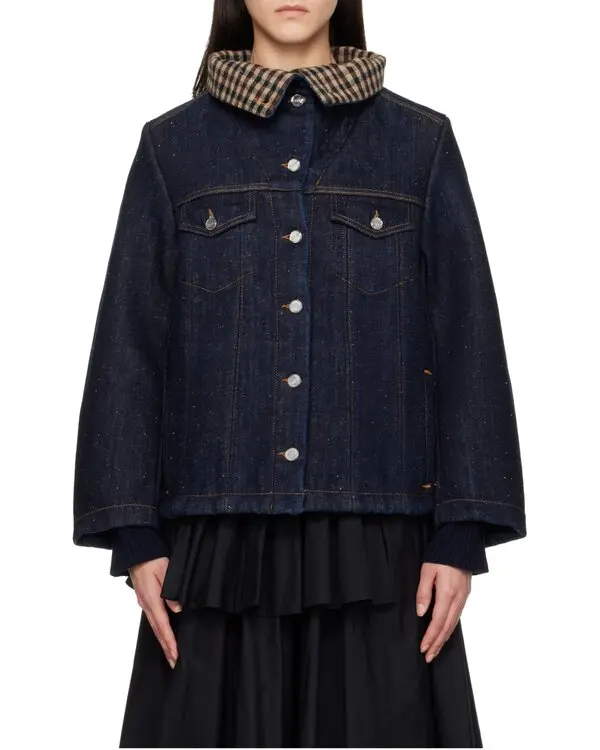 GANNI Neppy Denim Jacket With Checked Collar - Black