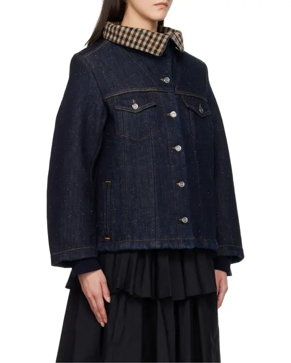 GANNI Neppy Denim Jacket With Checked Collar - Black