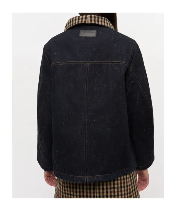 GANNI Neppy Denim Jacket With Checked Collar - Black