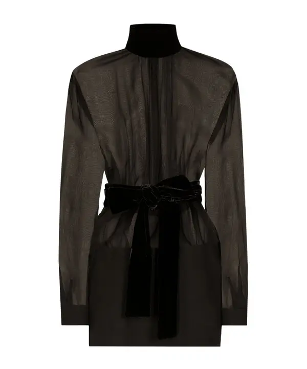 Dolce & Gabbana High Neck Velvet Belted Mini Dress - Black