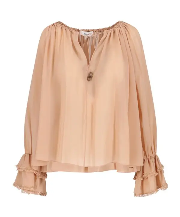 Chloé Gathered V-neck Drawstring Blouse With Ruffle Detail - Nude
