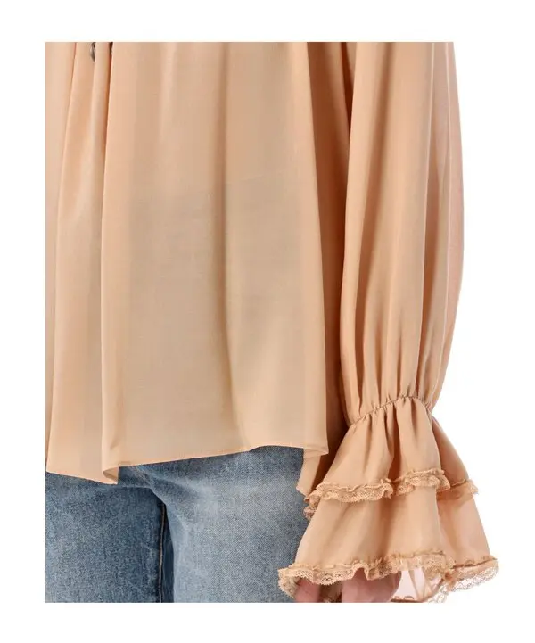 Chloé Gathered V-neck Drawstring Blouse With Ruffle Detail