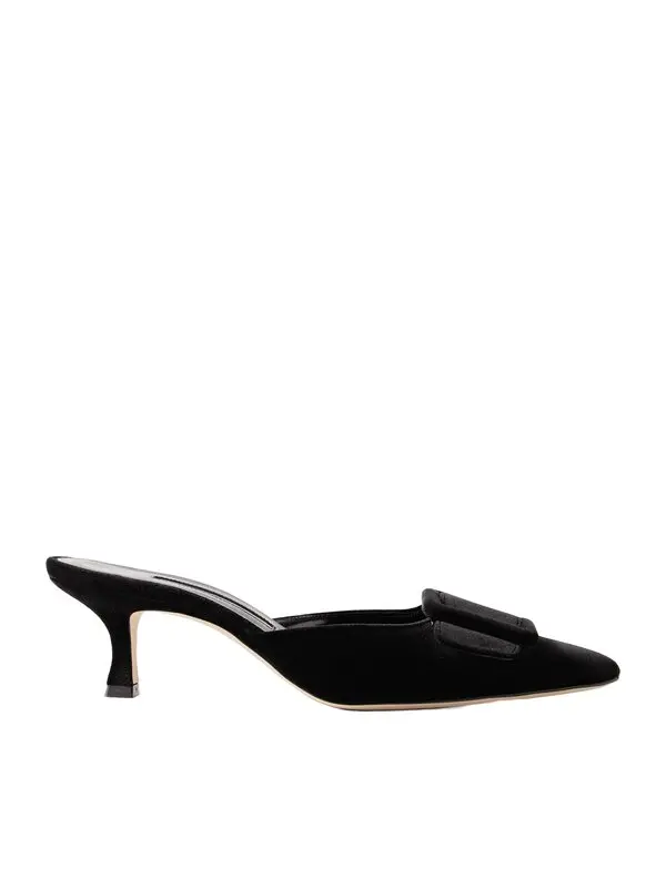 Manolo Blahnik Velvet Pointed Toe Kitten Heel Mules - Black
