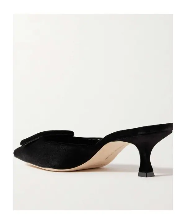 Manolo Blahnik Velvet Pointed Toe Kitten Heel Mules - Black