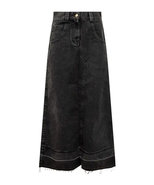 Palm Angels Frayed Hem Midi Denim Skirt - Black