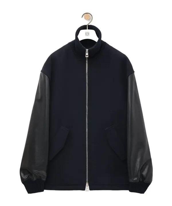 Loewe Hybrid Wool And Leather Jacket - Navy Blue/black