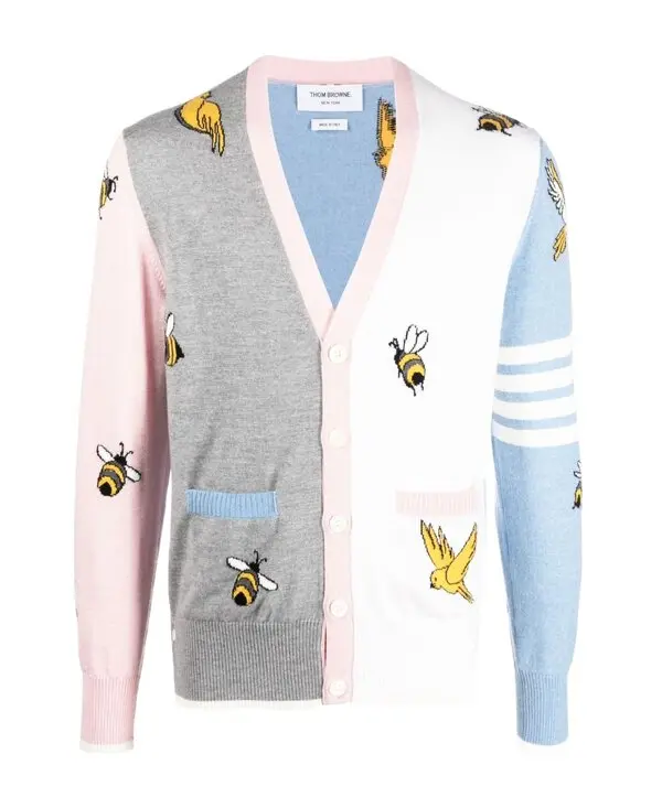 Thom Browne Birds And Bees Print V-neck Cardigan - Gray