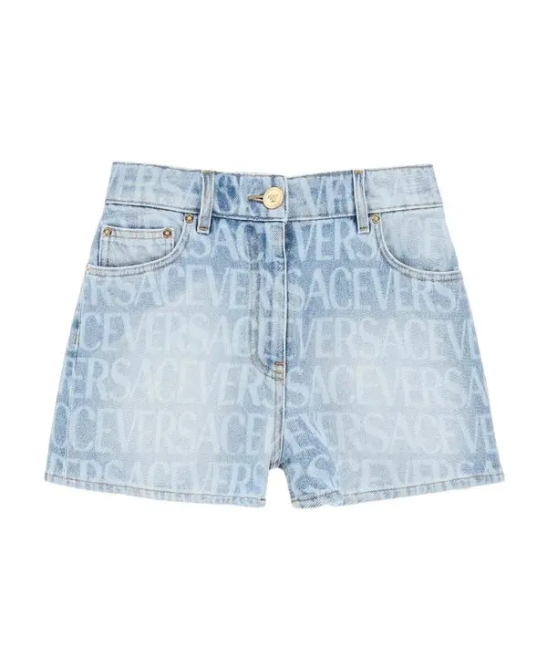 Versace Allover Logo Printed Denim Shorts - Blue