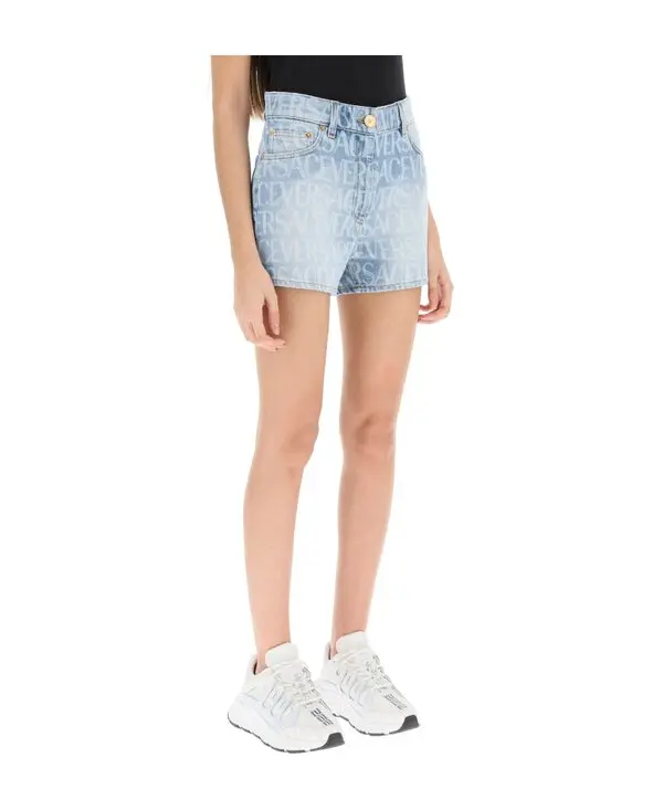 Versace Allover Logo Printed Denim Shorts