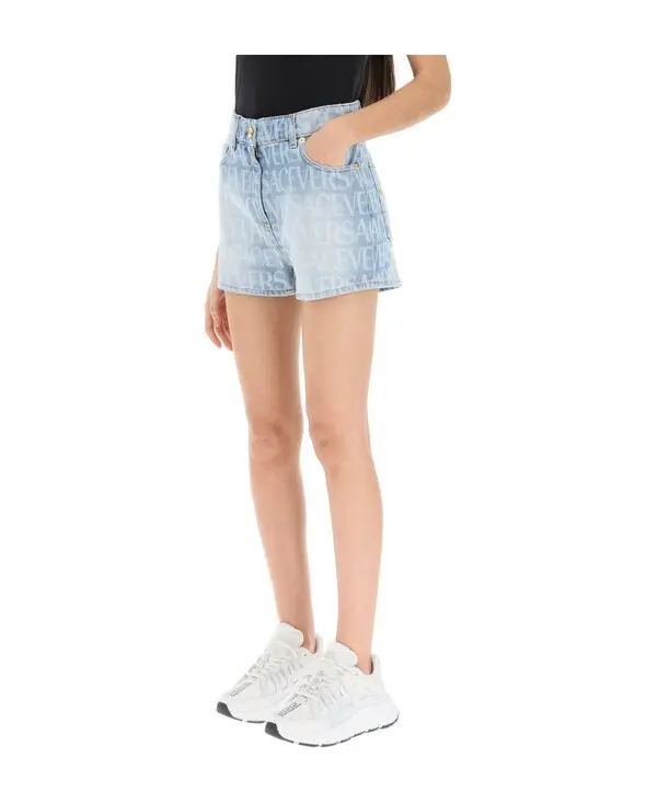 Versace Allover Logo Printed Denim Shorts