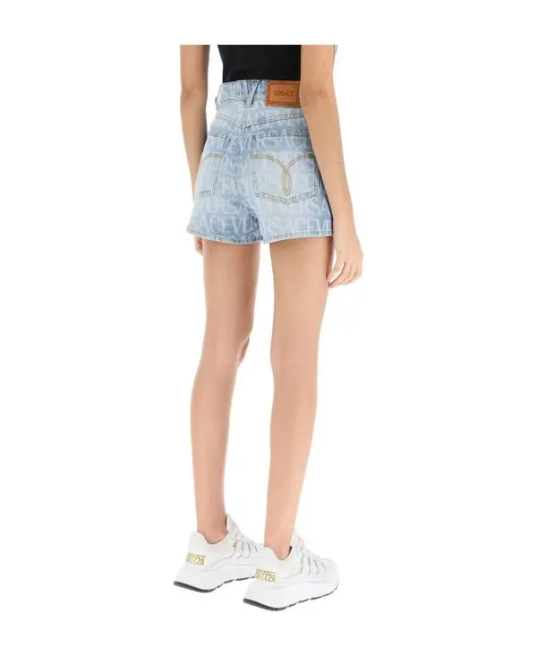 Versace Allover Logo Printed Denim Shorts