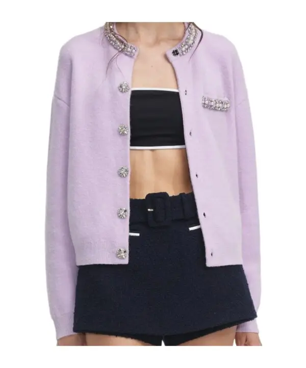 SELF-PORTRAIT Pearl Trim Ribbed Knit Cardigan