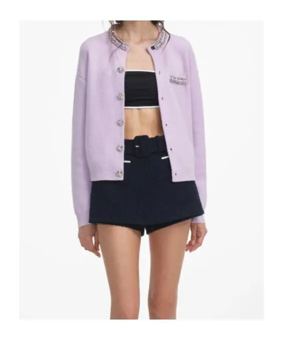 SELF-PORTRAIT Pearl Trim Ribbed Knit Cardigan