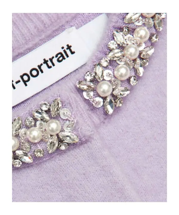 SELF-PORTRAIT Pearl Trim Ribbed Knit Cardigan